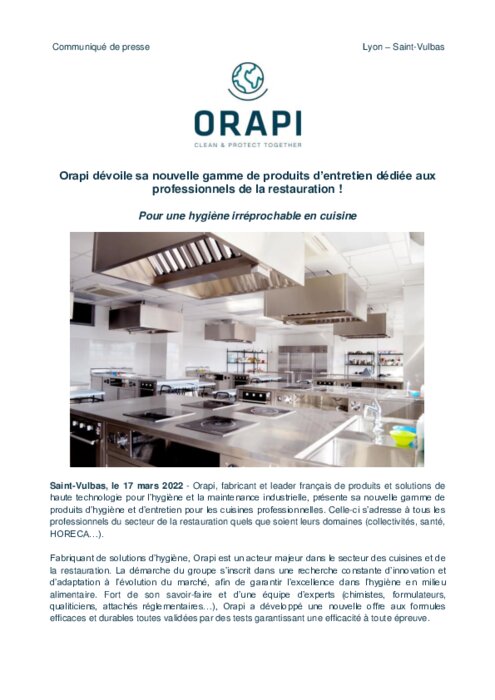 Orapi dévoile sa nouvelle gamme de produits dédiée aux professionnels de la restauration | RESTO ...