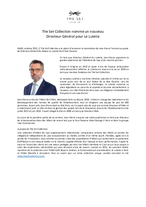 Jean-Pierre Trevisan, nouveau Directeur Général du Lutetia Paris Rive ...