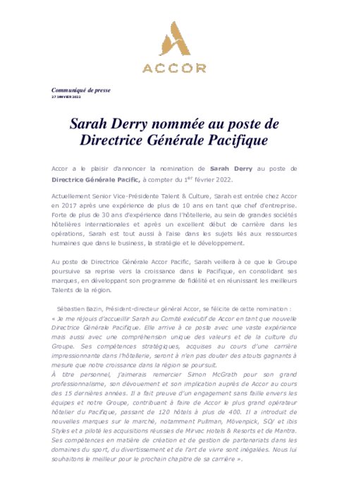 Accor: Sarah Derry nommée au poste de Directrice Générale Pacifique ...