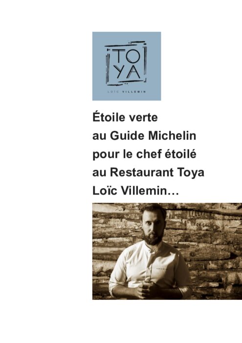 Étoile verte au Guide Michelin pour le chef étoilé au Restaurant Toya ...