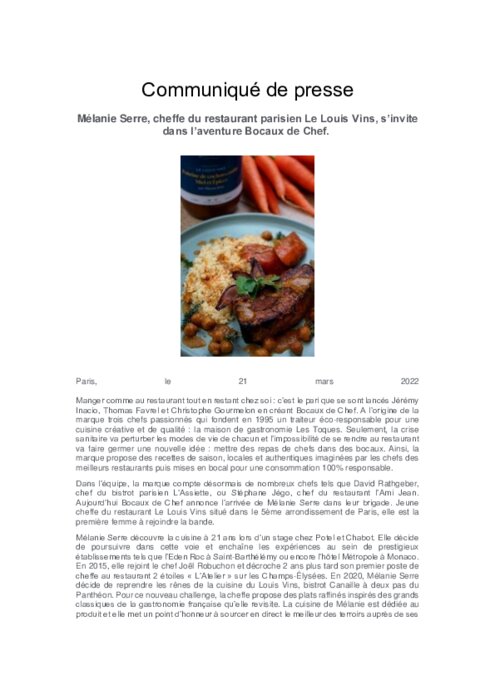 Mélanie Serre, cheffe du restaurant parisien Le Louis Vins, s’invite ...