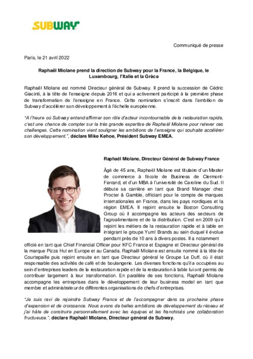 Raphaël Miolane prend la direction de Subway pour la France, la ...