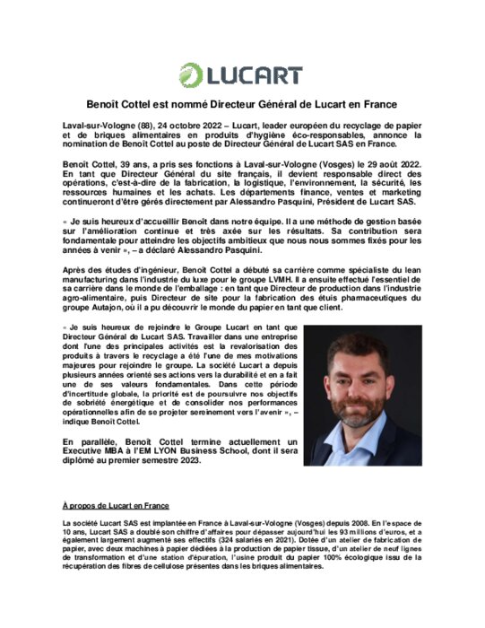 Benoît Cottel devient Directeur Général de Lucart en France | RESTO-Today Benoît Cottel devient Directeur Général de Lucart en France | RESTO-Today