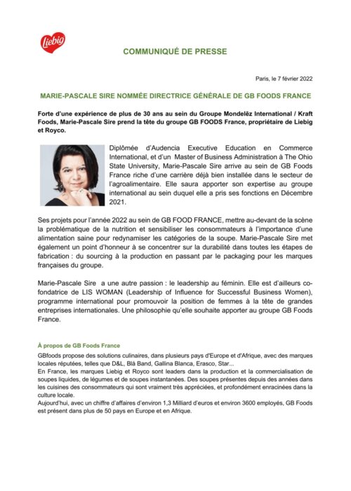 Marie-Pascale SIRE nommée Directrice Générale du groupe GB FOODS FRANCE ...