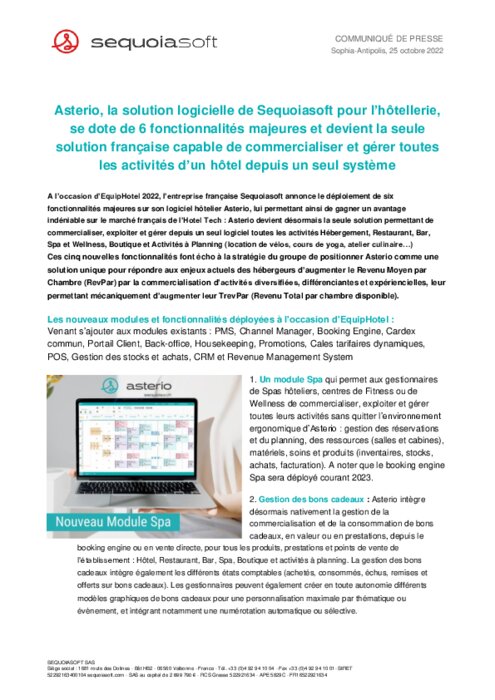 Asterio, la solution logicielle de Sequoiasoft pour l’hôtellerie, se dote de 6 fonctionnalités ...