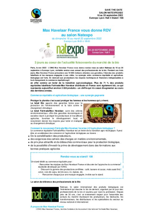 Max Havelaar France sera présent au salon Natexpo | RESTO-Today