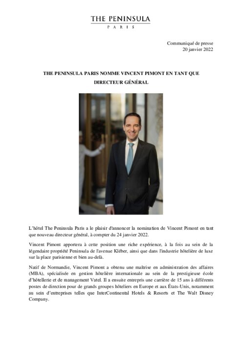 The Peninsula Paris nomme Vincent Pimont en tant que Directeur Général ...