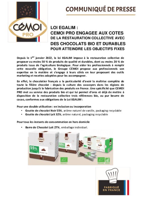Loi Egalim : Cémoi Pro engagée aux côtés de la restauration collective ...