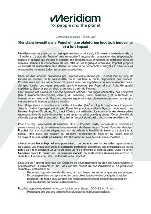 Meridiam investit dans Popchef, une plateforme foodtech innovante et à ...